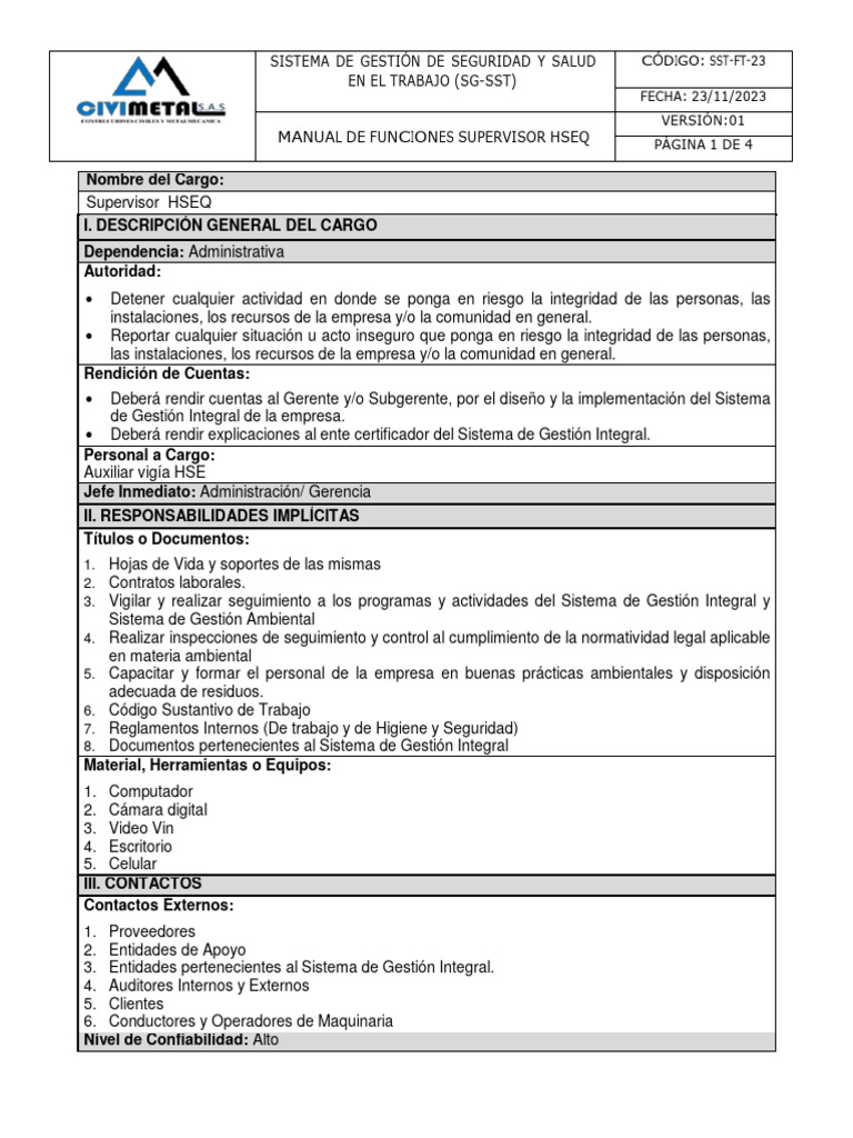 Manual de Funciones Supervisor Hseq | PDF | Business | Calidad (comercial)