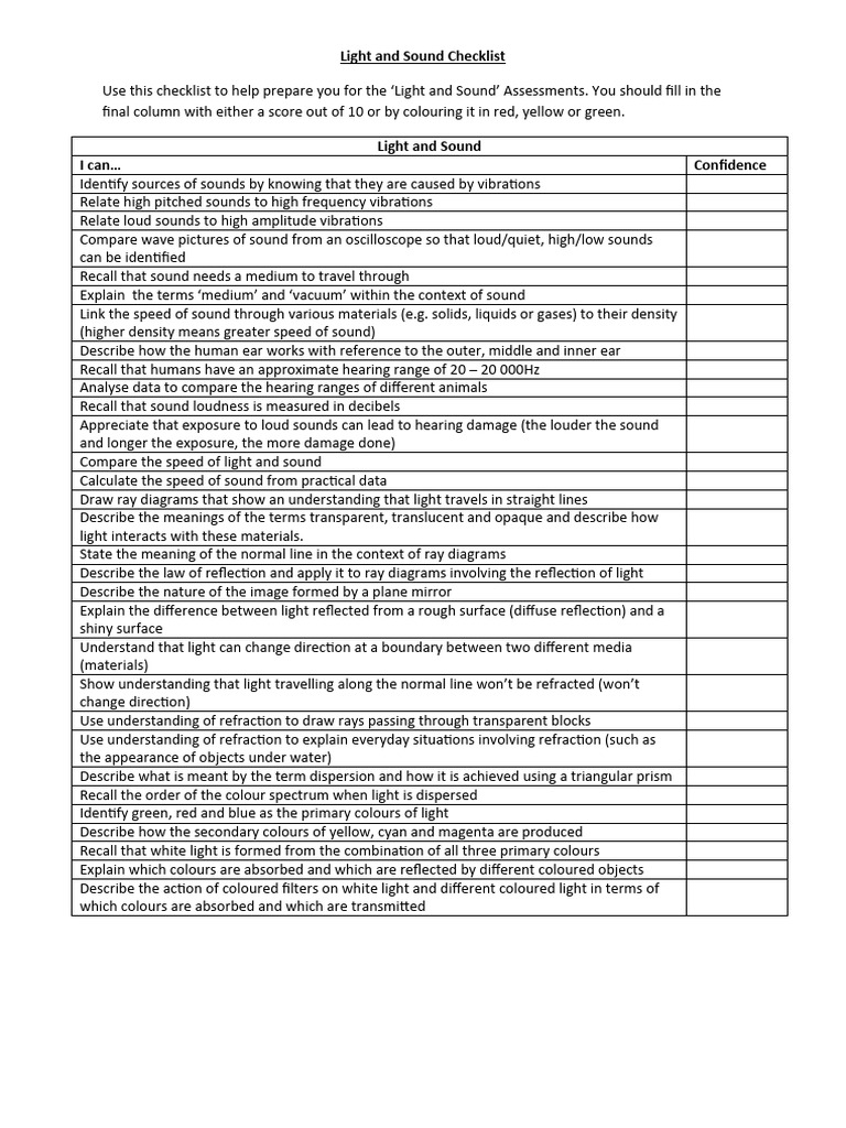 Light and Sound Knowledge Checklist | PDF | Sound | Light