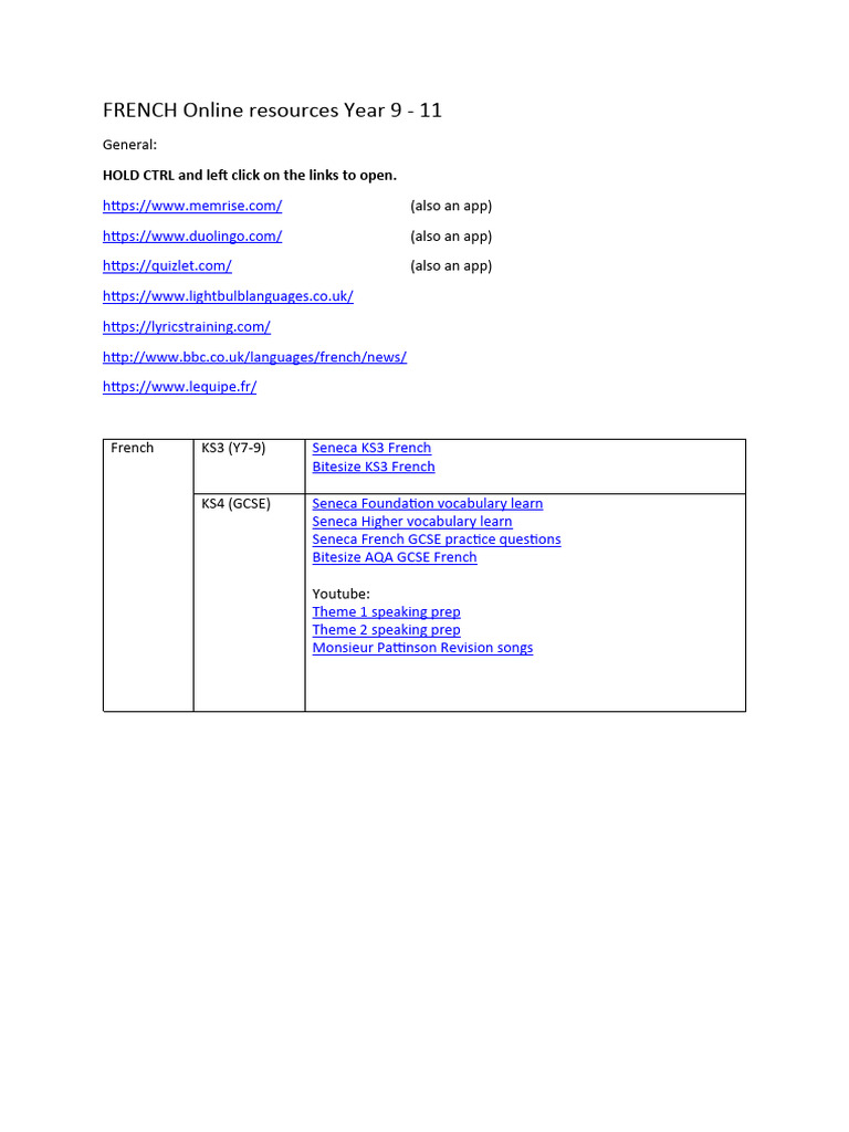 French Resources for Year 9-11 Students | PDF | Language Arts & Discipline