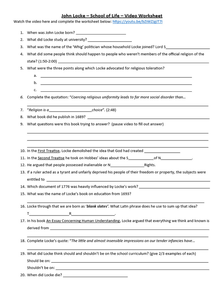 John Locke School of Life Worksheet | PDF