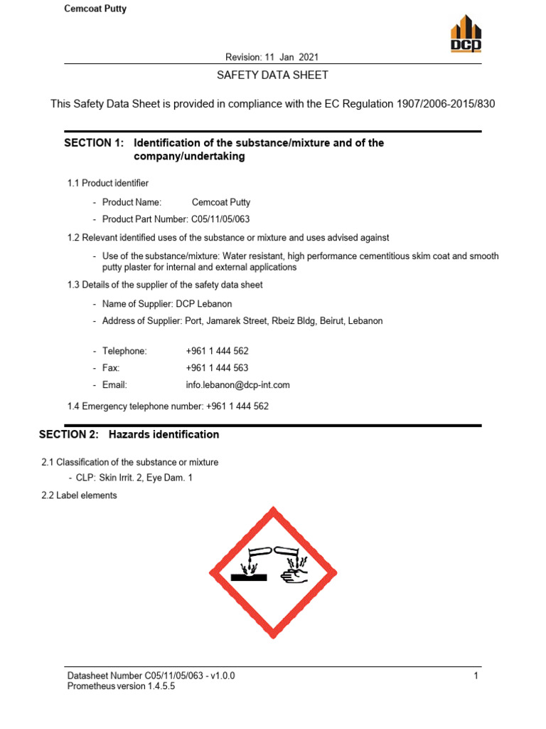 Cemcoat Putty - MSDS - 7 | PDF | Firefighting | Personal Protective ...