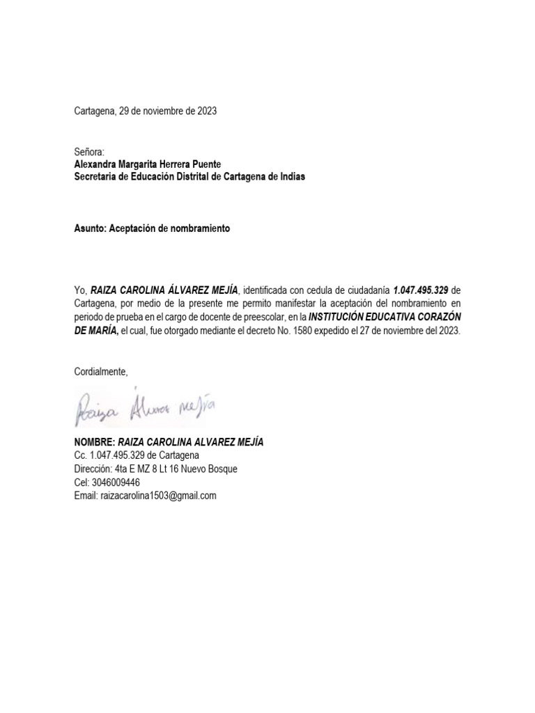Carta de Aceptación Al Cargo Raiza Alvarez | PDF