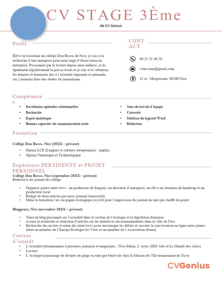 CV Stage 3ème : Modèle et Conseils | PDF | Agréable