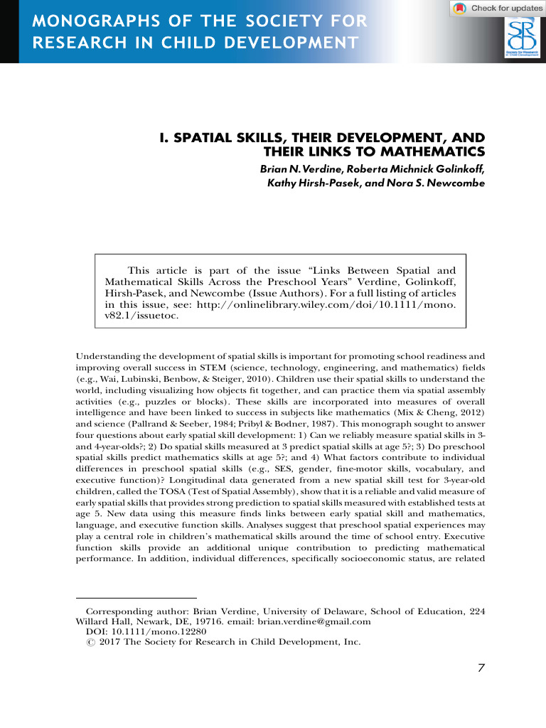Monographs Society Res Child - 2017 - Verdine - I Spatial Skills Their Development and Their ...