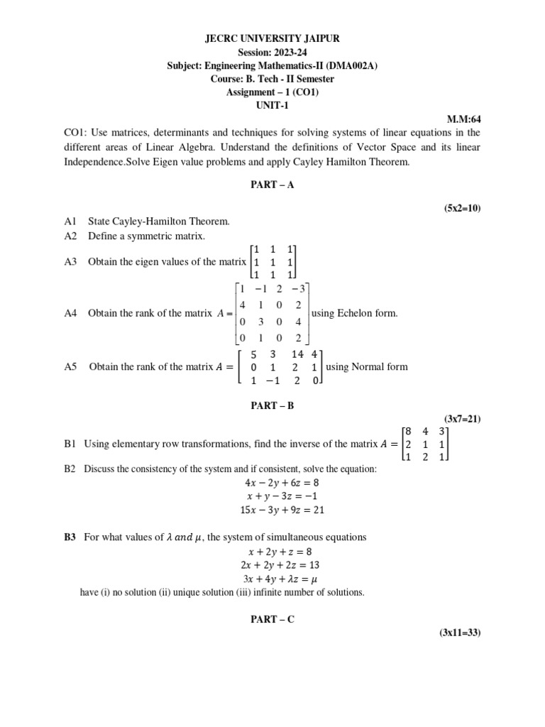 Unit 1 (Assignment-1 | PDF | Matrix (Mathematics) | System Of Linear Equations
