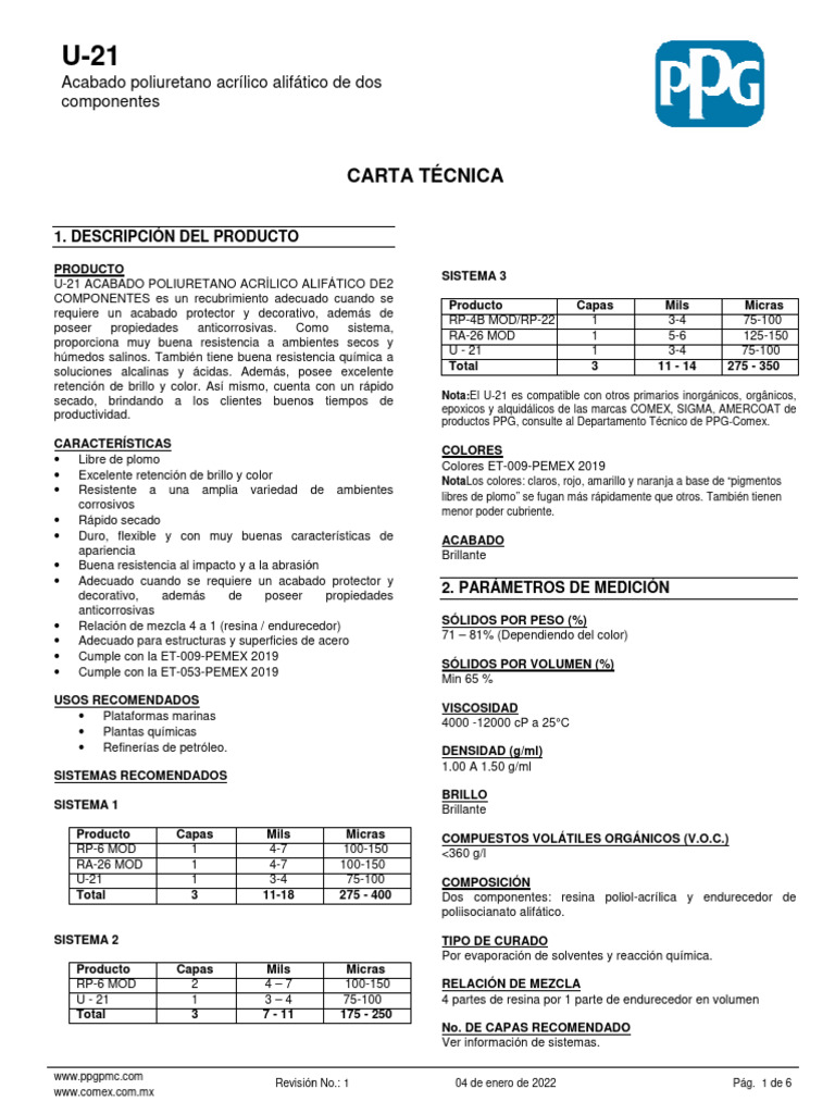 Carta Tecnica U-21 | Descargar gratis PDF | Química | Materiales