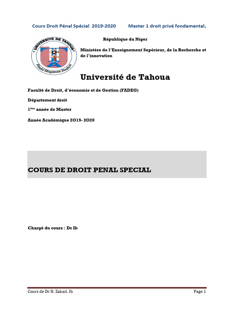Cours de Droit Pénal Spécial 2019-2020 | PDF | Loi criminelle | Chèque