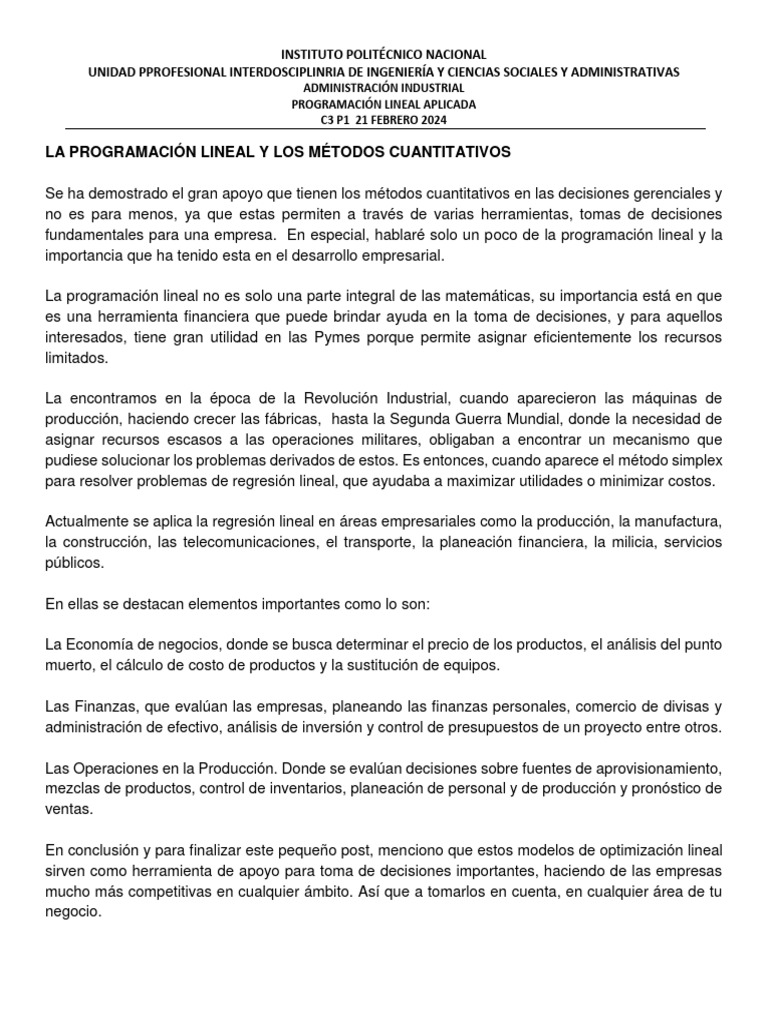 C3 P1 La Programación Lineal y Los Métodos Cuantitativos | PDF ...