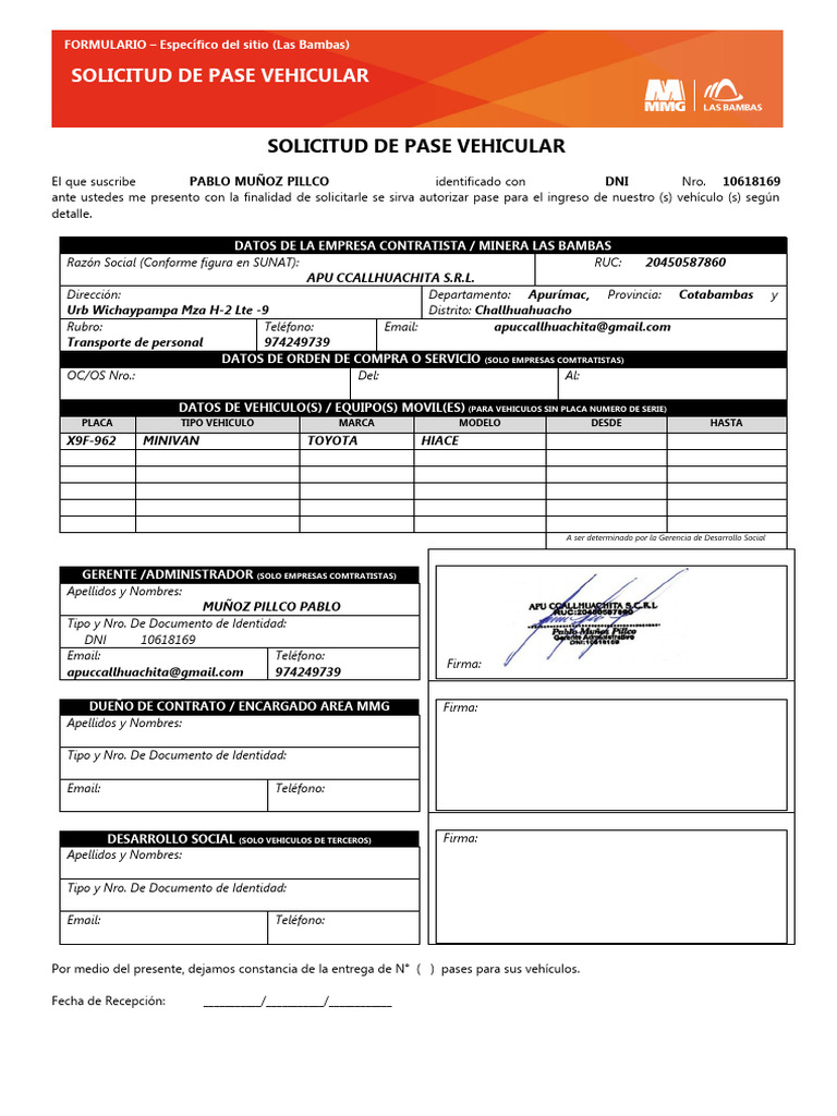Solicitud Pase Vehicular Las Bambas | PDF