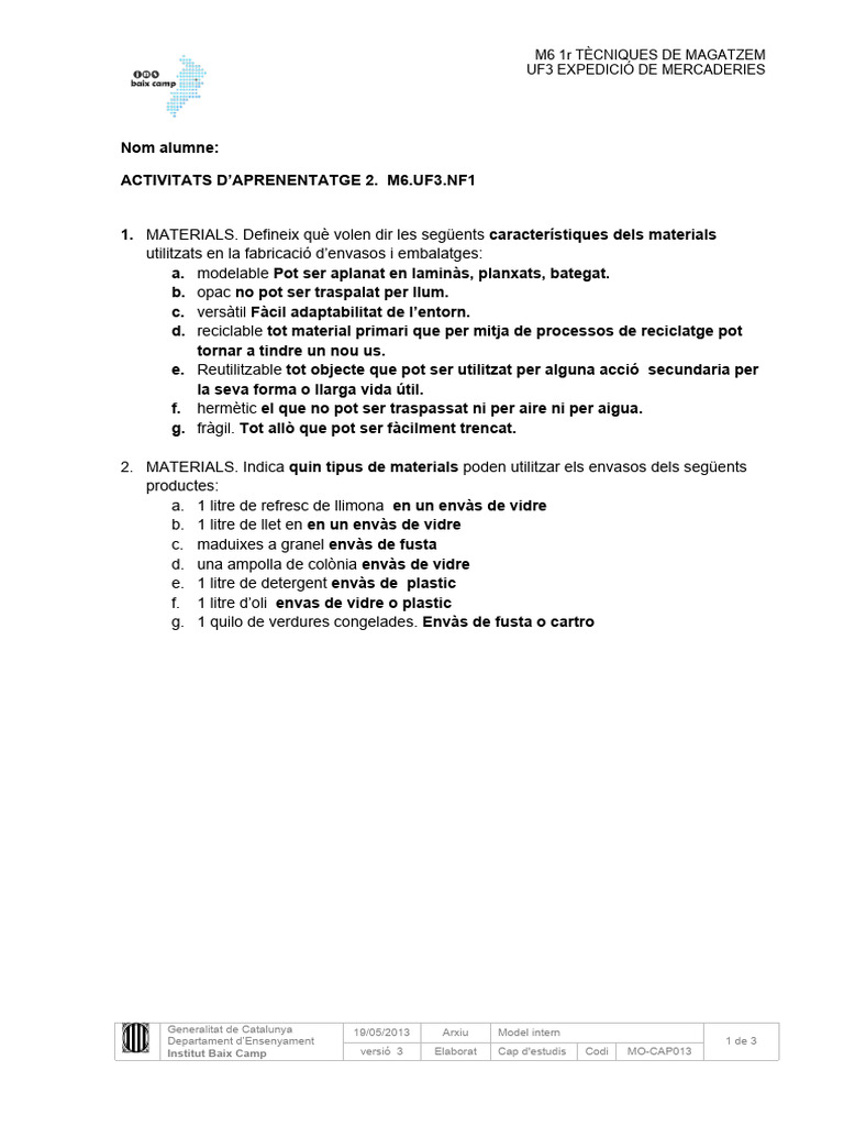 Activitat 2. UF3 NF1 - Materials I Tipus Denvasos Falta La 4 | PDF