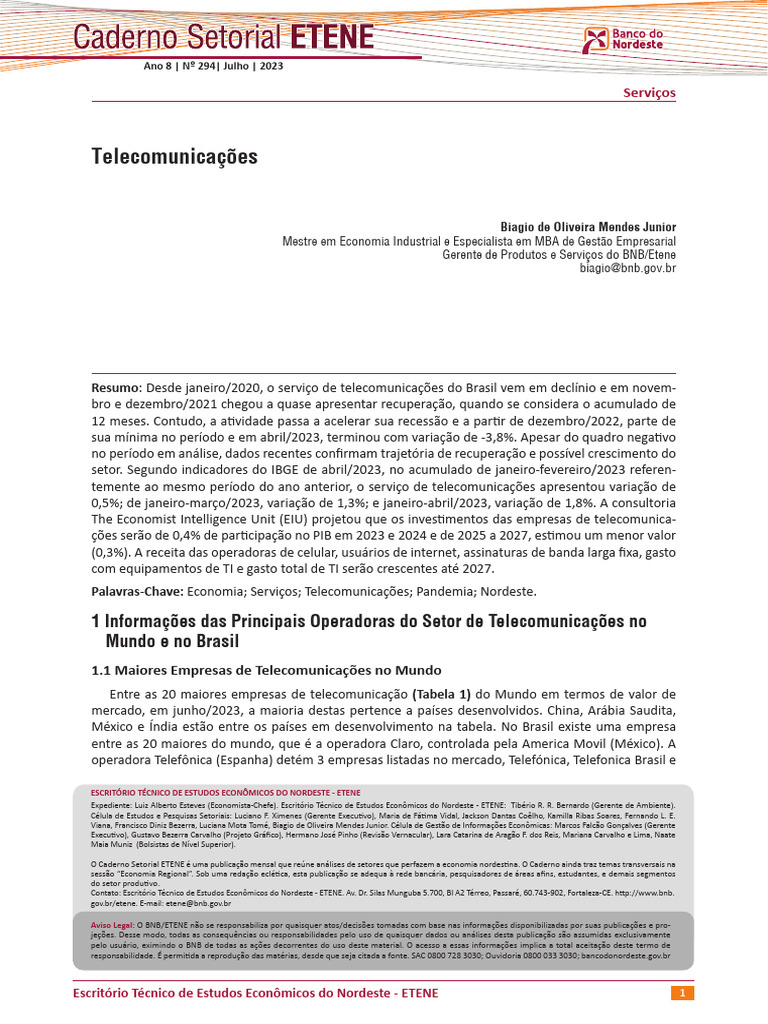 Caderno Setorial Etene Telcomunicacoes | PDF | Setor terciário da ...