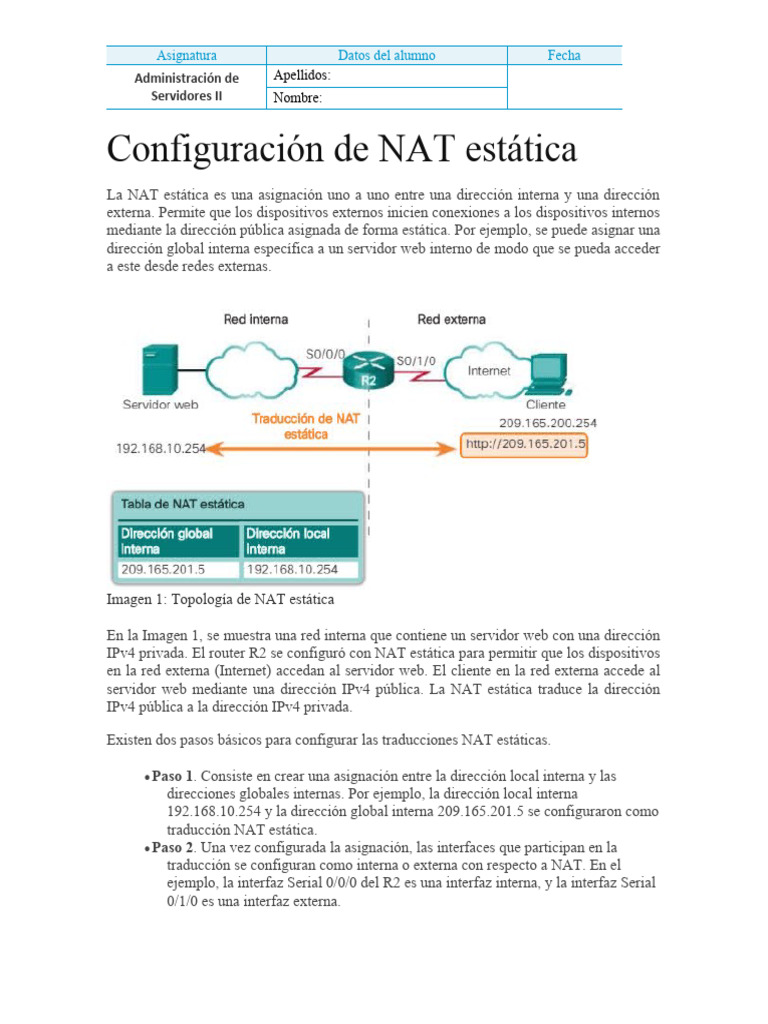 Configuración Nat Estatico y Dinamico Admon Serv Ii | PDF | Dirección IP | Enrutador (Computación)