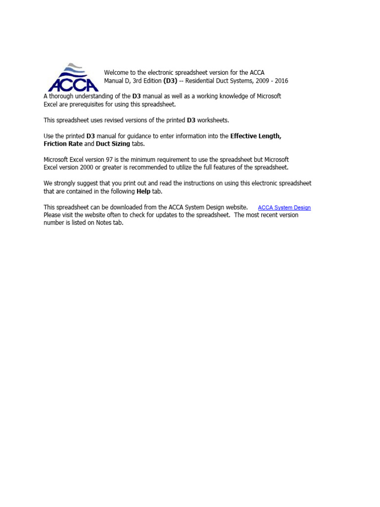 ACCA Manual D Sheet | PDF | Duct (Flow) | Spreadsheet