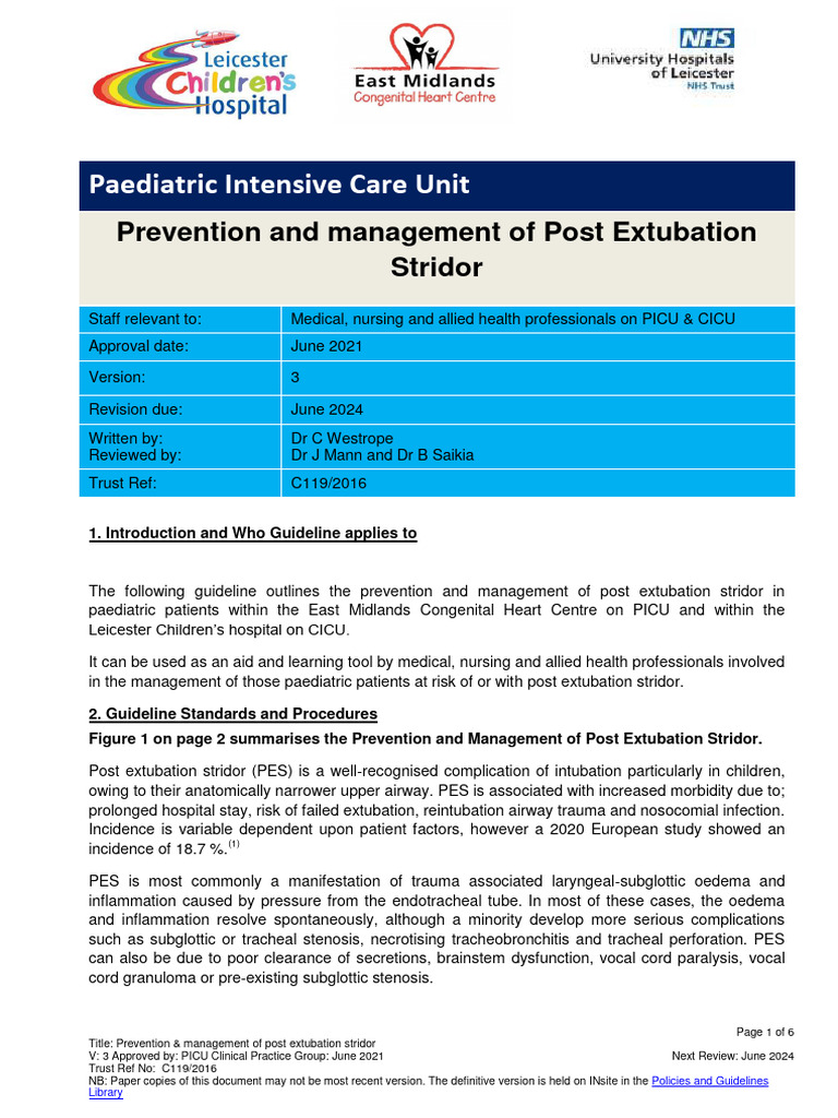 Post Extubation Stridor UHL Paediatric Intensive Care Guideline | PDF ...