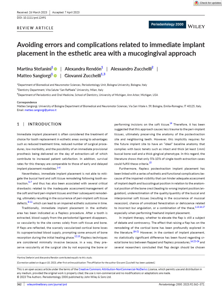 Avoiding Errors and Complications Related To Immediate Implant Placement in The Esthetic Area ...