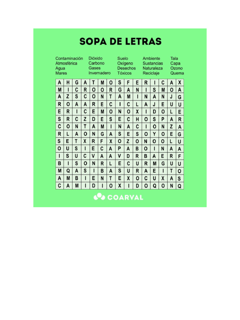 Tarea Contaminación, Sopa de Letras | PDF