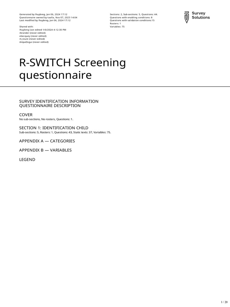 Annex 3 R - SWITCH - Questionnaires | PDF | Variable (Computer Science) | Computer Science