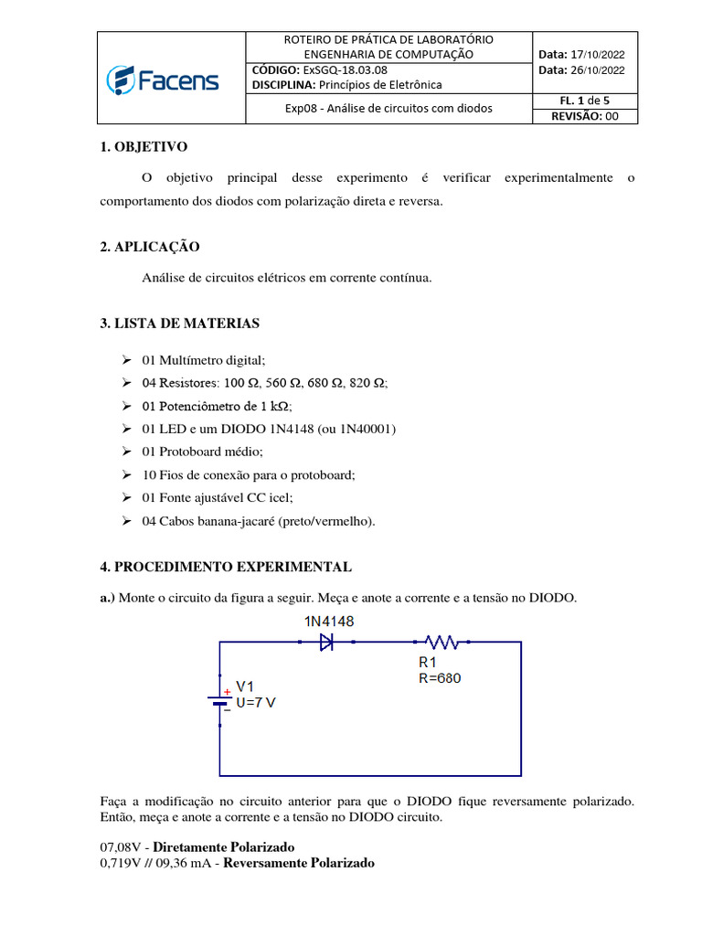 Exp08 - Análise de Circuitos Com Diodos | PDF | Diodo | Rede elétrica