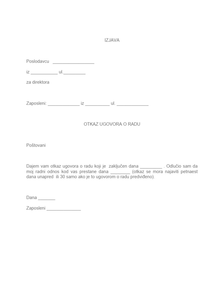 IZJAVA o Otkazu | PDF