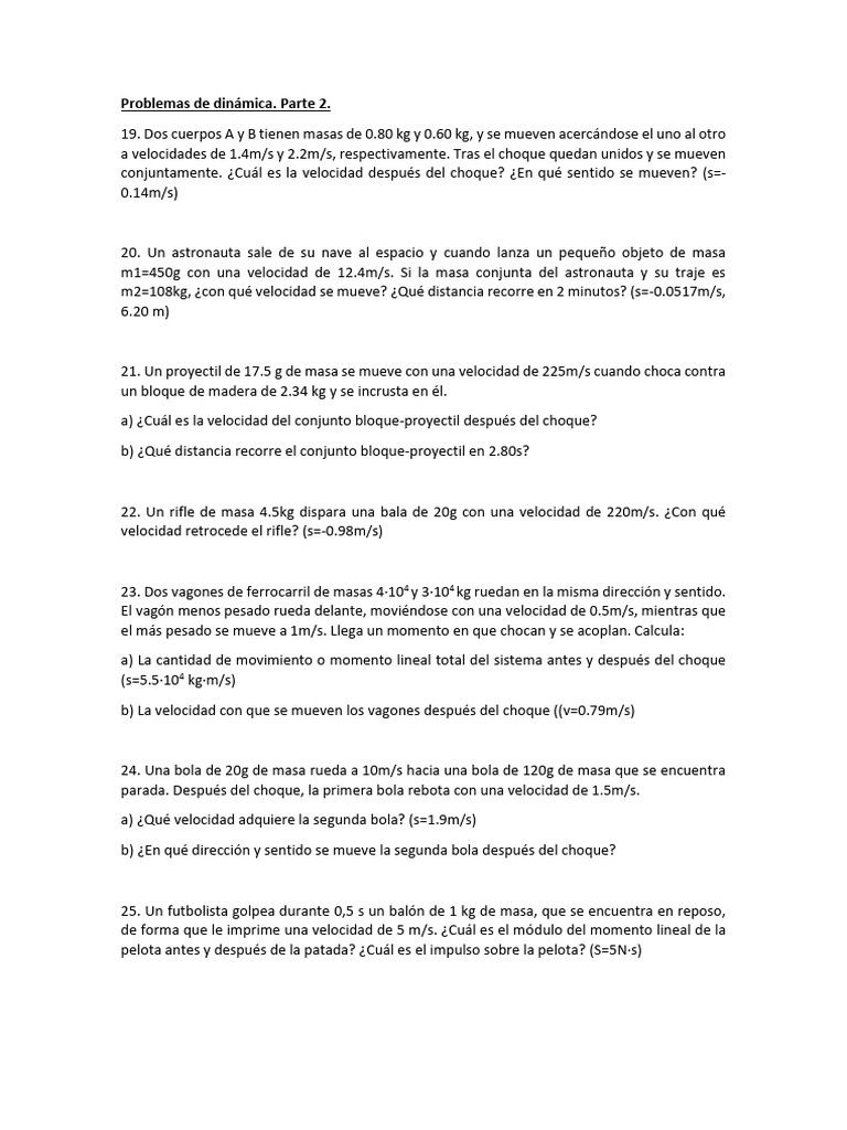 Hoja de Problemas 2 - Dinámica | PDF | Velocidad | Movimiento (física)