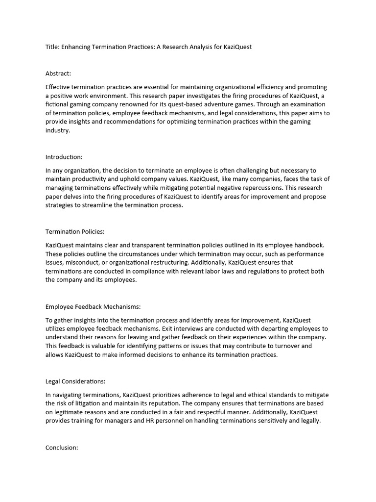Enhancing Termination Practices A Research Analysis For KaziQuest | PDF | Employment | Policy