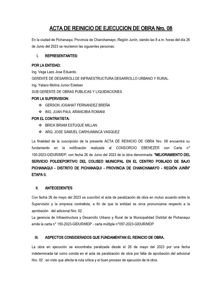 ACTA DE REINICIO DE EJECUCION DE OBRA Nro 05 | PDF | Justicia | Crimen y violencia