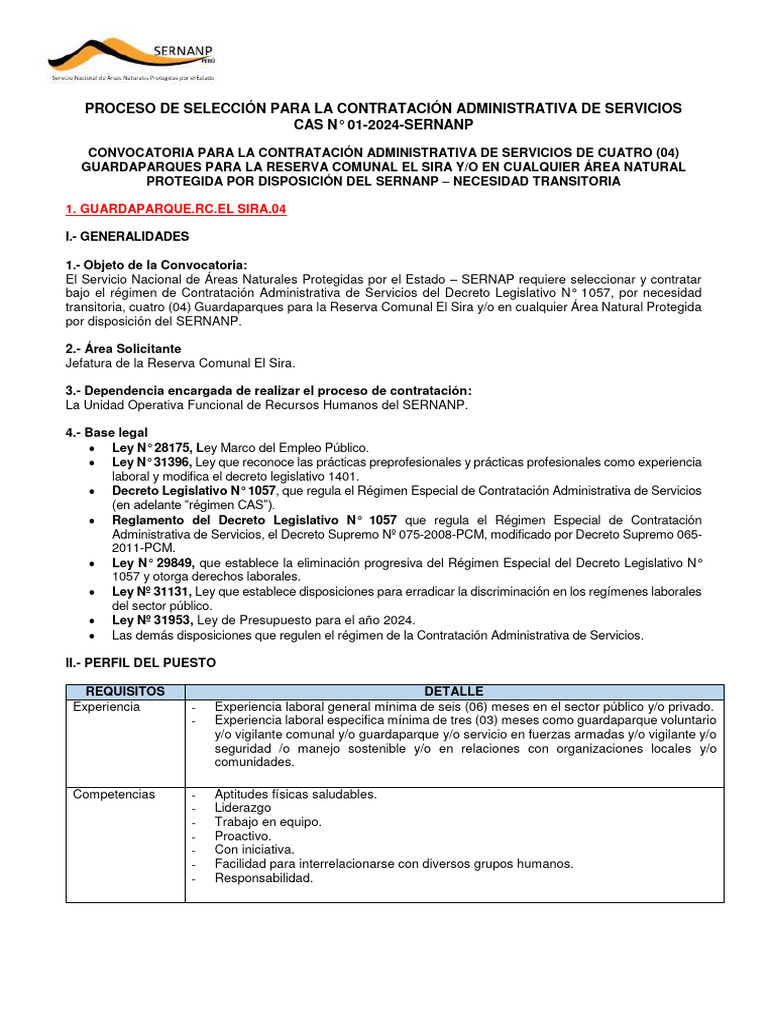 Convocatoria Guardaparques SERNANP | PDF | Educación más alta | Gestión ...