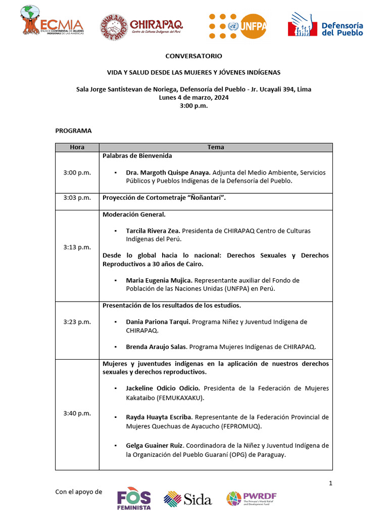 Programa de Conversatorio "Vida y Salud de Las Mujeres y Jóvenes Indígenas" | PDF | Derechos ...