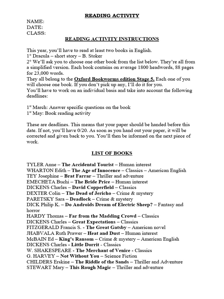 Reading Activity Instructions | PDF | Wuthering Heights | Heathcliff ...