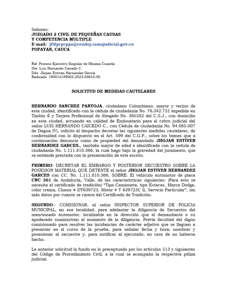 Solicitud Embargo Vehiculo | PDF