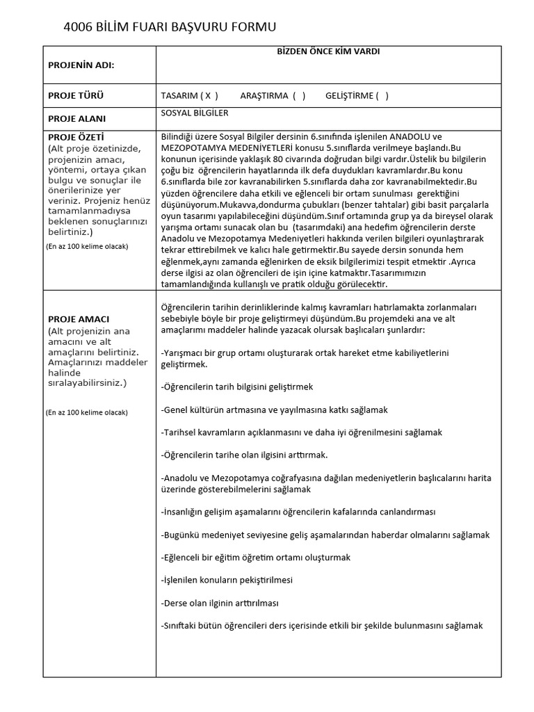4006 BİLİM FUARI BAŞVURU FORMU - Docx 1 Sürümü | PDF