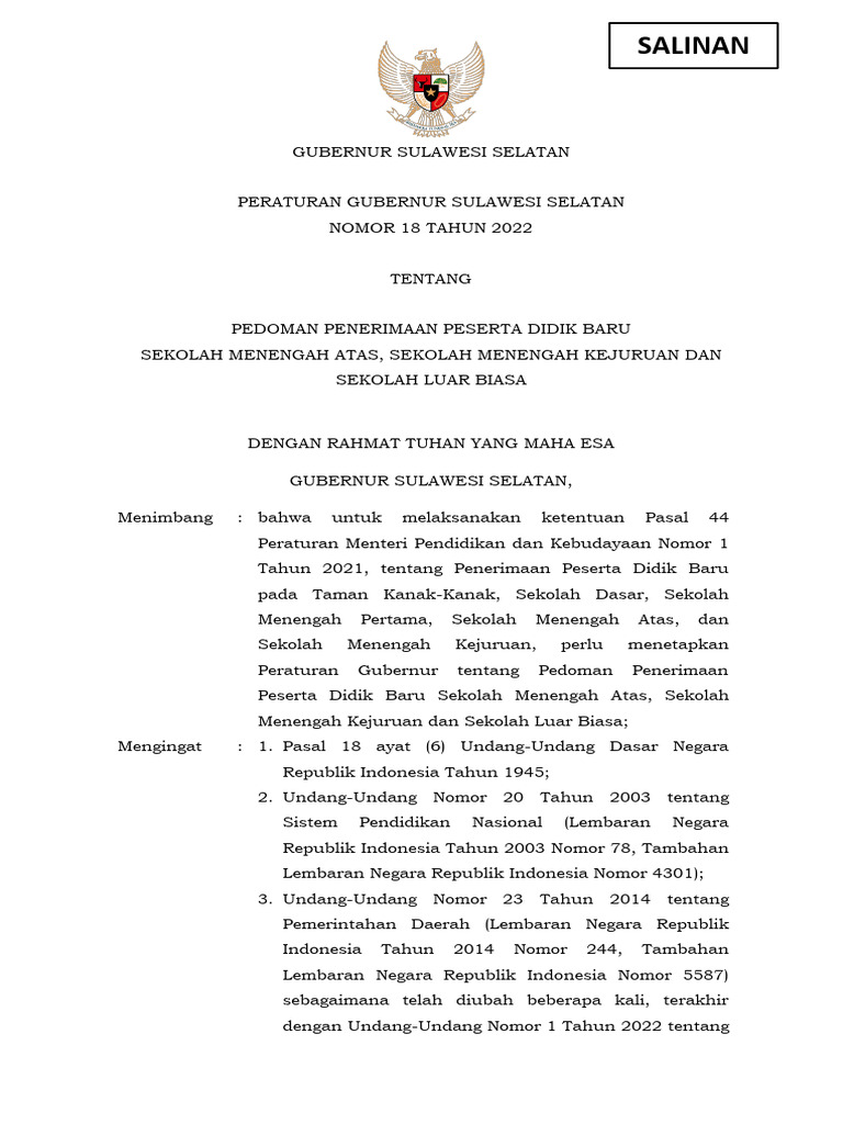 Pergub Sulsel 18 - 2022 PPDB | PDF