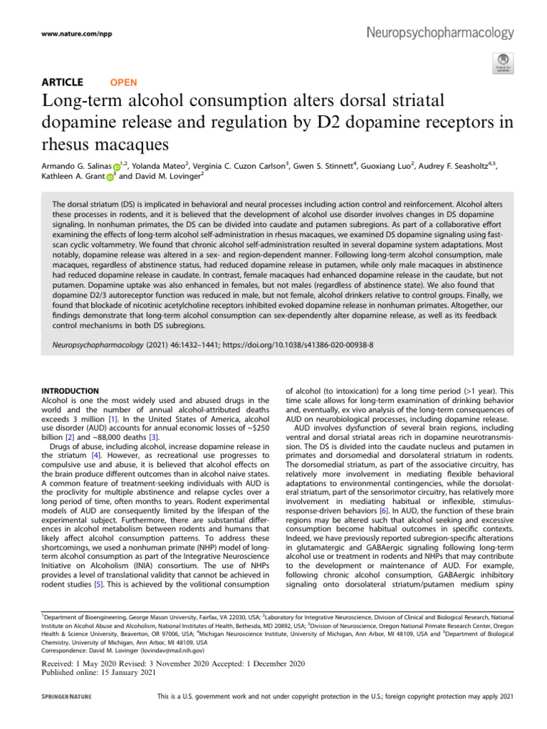 Long-Term Alcohol Consumption Alters Dorsal Striatal Dopamine Release ...