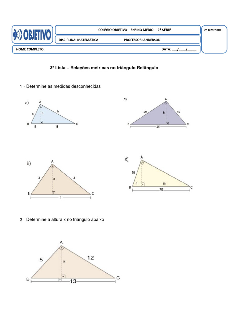 2Â SÃ©rie - 3 - RelaÃ Ã Es Mã©tricas No Triã Ngulo Retã Ngulo | PDF | Triângulo | Formas geométricas
