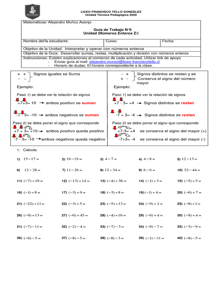 Guia de Operaciones Con Numeros Enteros | PDF | Entero | Matemáticas