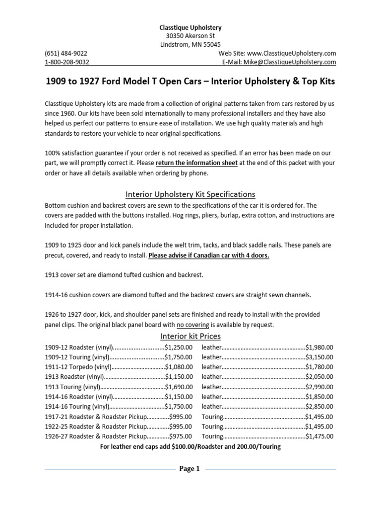 Model T Upholstery Kits & Prices | PDF | Upholstery | Product Introductions