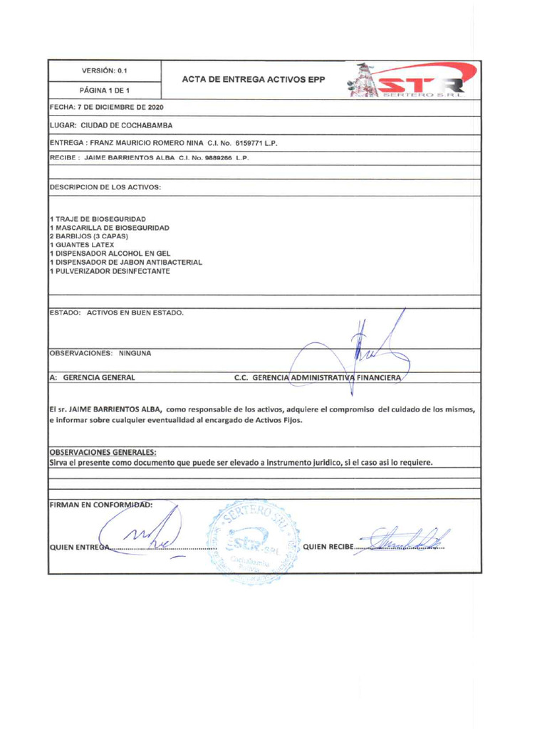 Acta Entrega Epps y Bioseguridad Jaime Barrientos Alba | PDF