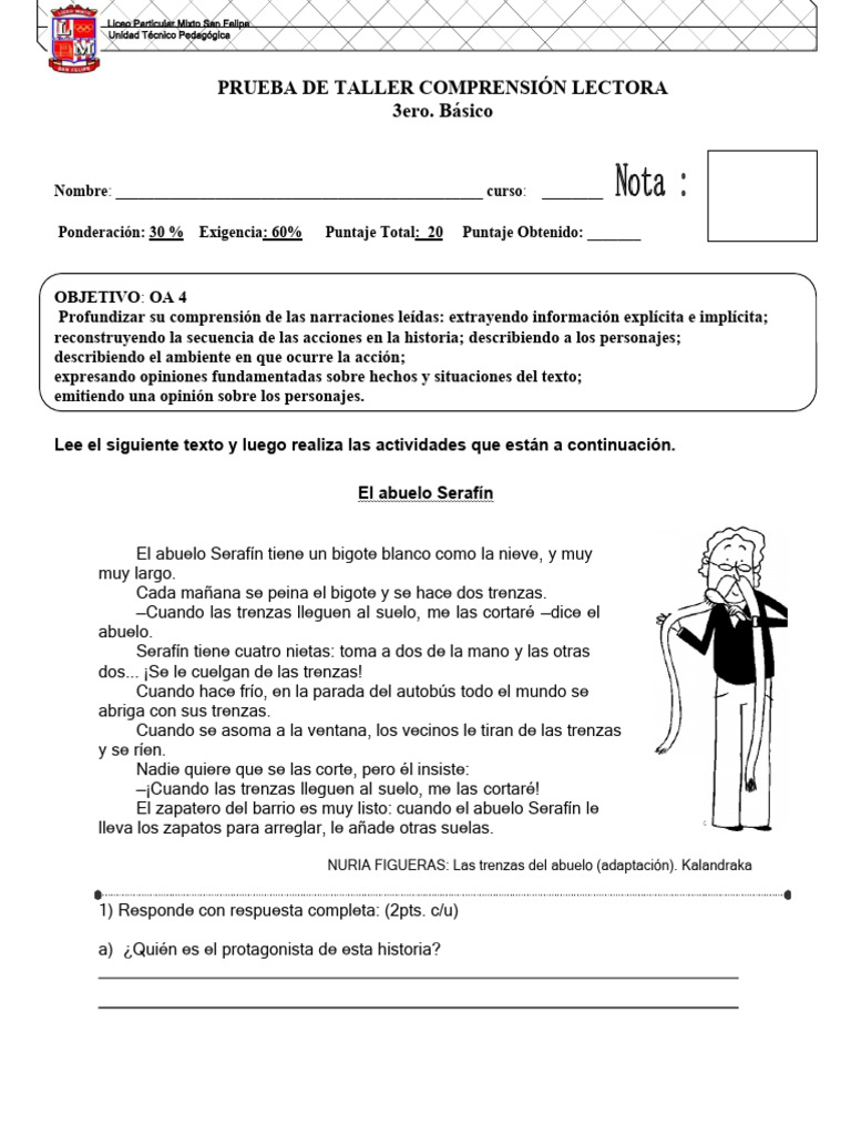 PRUEBA DE TALLER COMPRENSIÓN LECTORA 3ero. | PDF