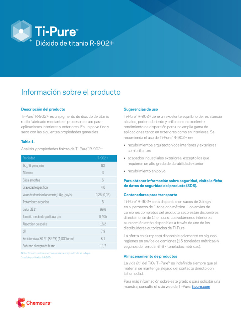 Ti Pure R 902 Tds | PDF | Titanio | Dióxido de titanio