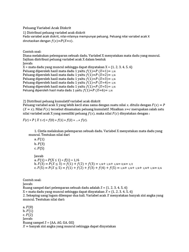 Peluang Variabel Acak Diskrit Contoh Soal Dan Latihan | PDF