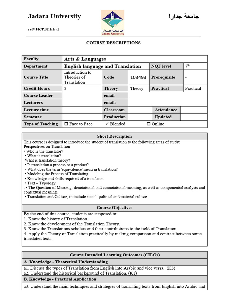 Courses Description - Theories of Trans - 1st Sem 2023-2024 | PDF | Translations | Plagiarism
