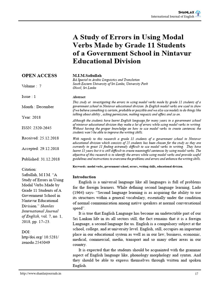 Errors in Modal Verbs by Grade 11 Students | PDF | English Language ...