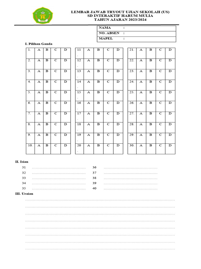 Lembar Jawab Tryout Ujian Sekolah | PDF