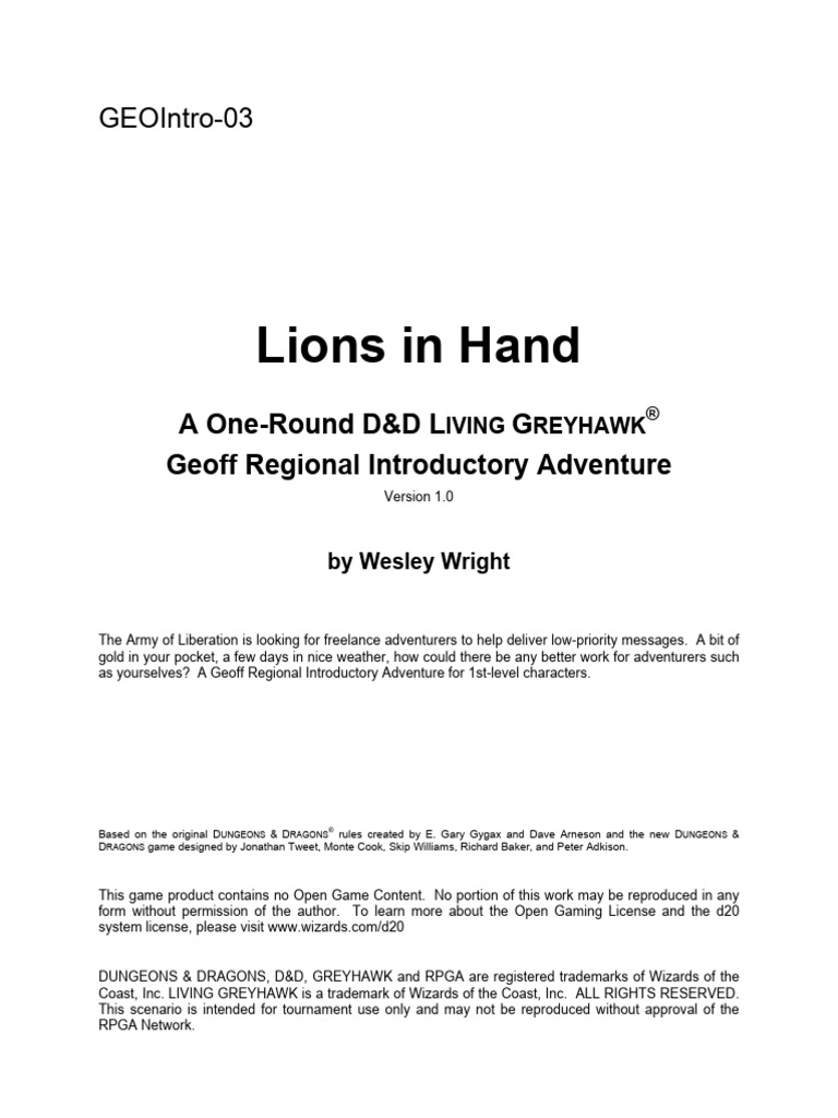 D&D3E - Living Greyhawk - RPGA, GEO1-03-Intro - Lions in Hand ...
