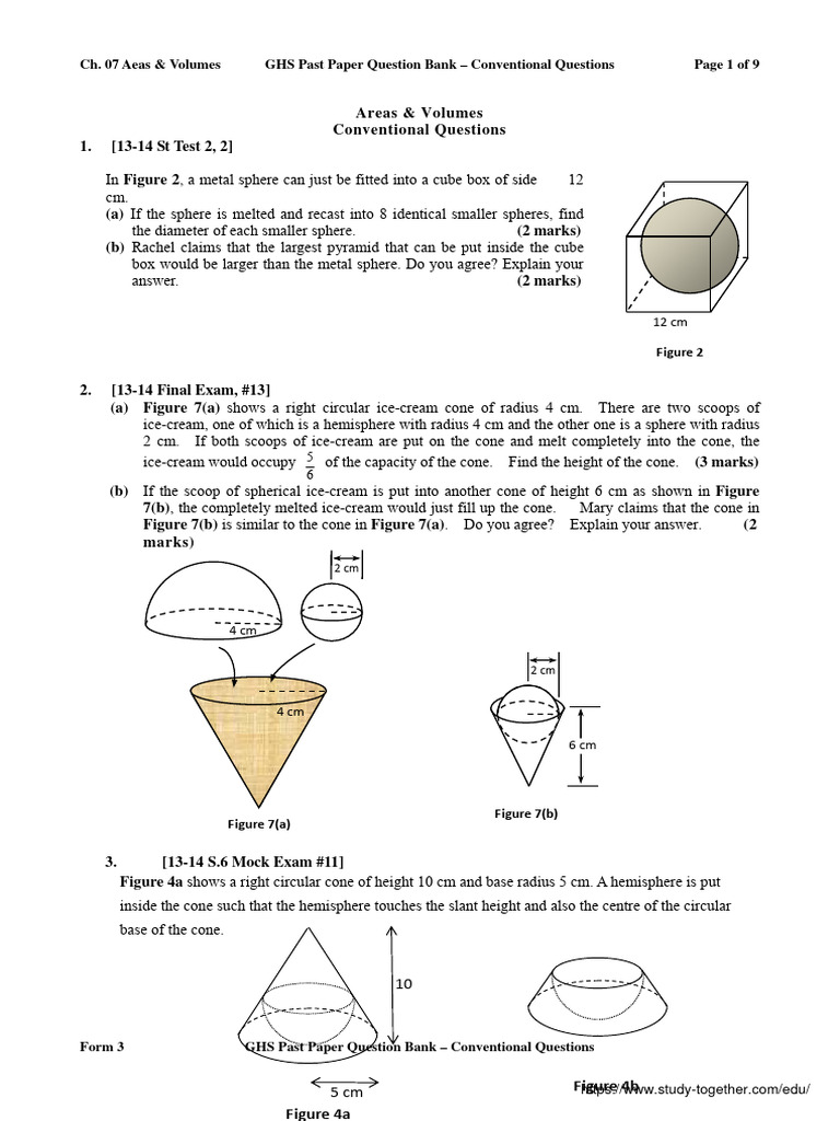 Areas & Volumes Question Bank | PDF | Sphere | Area