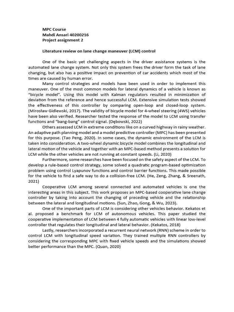 2-Literature Review On Lane Change Maneuver Control | PDF | Systems ...
