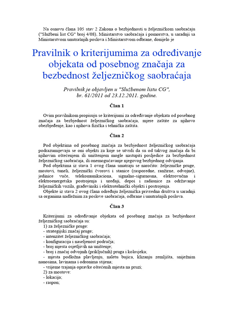 Pravilnikokriterijumimazaodre Ivanjeobjekataodposebnogzna Ajazabezbednost Eljezni Kogsaobra Aja ...
