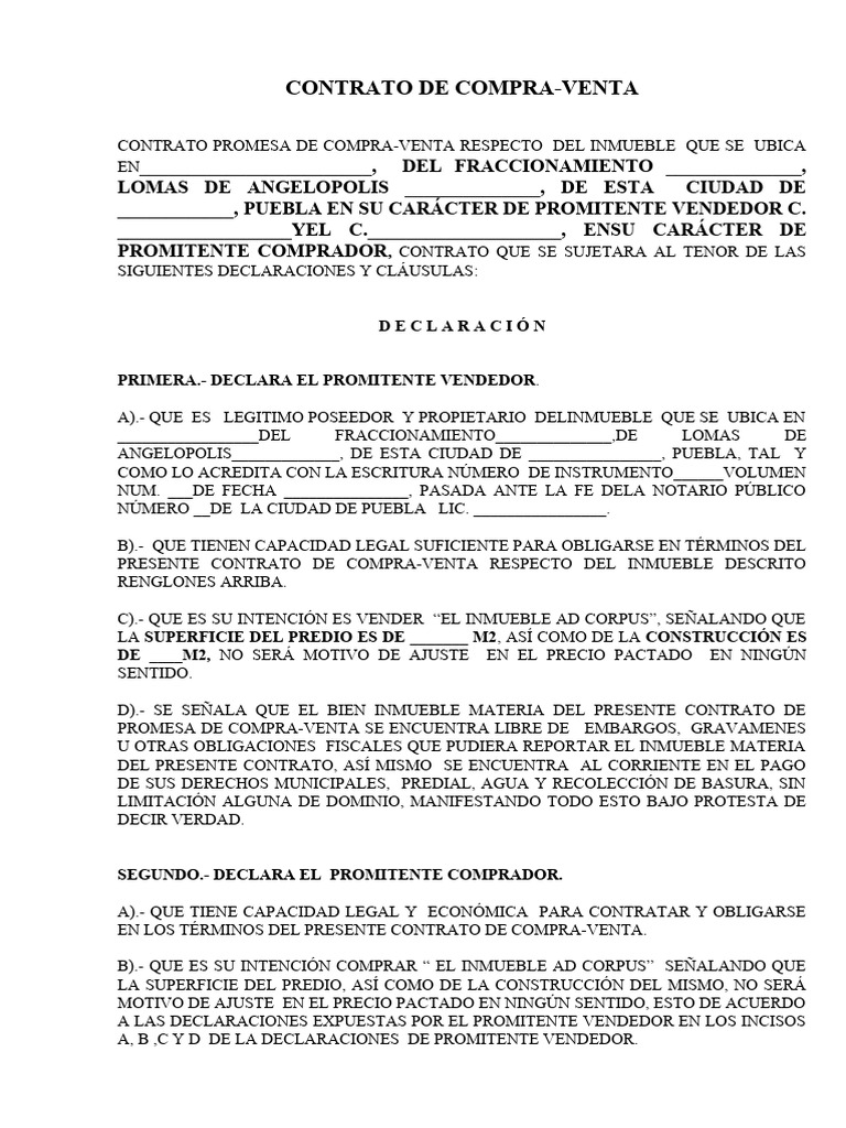 Machote Contrato Compra Venta Puebla | PDF | Ley común | Derecho civil ...