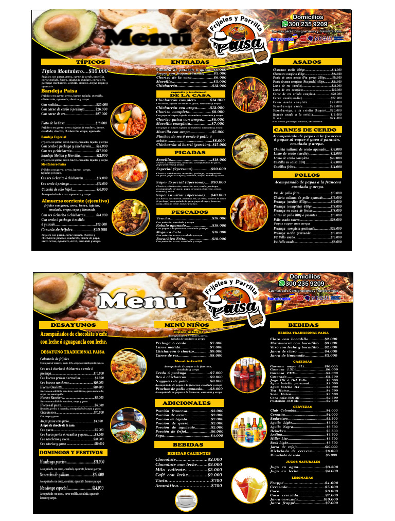 Cartas Menu Restaurante Paisa | Descargar gratis PDF | Cerdo | Carne