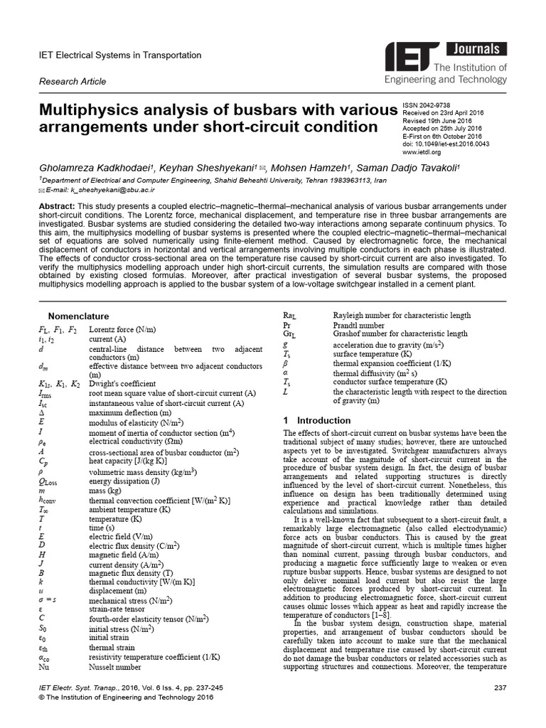 Multiphysics Analysis of Busbars With Various Arrangements Under Short-Circuit Condition - IET ...